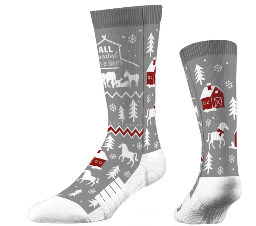 YBS: Winter Barn Socks- Grey – All seated in barn